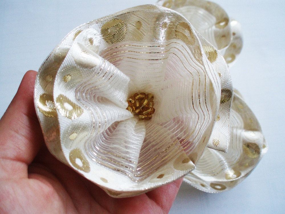 White-ivory-golden Flowers Handmade Appliques Embellishments(4 Pcs) on ...