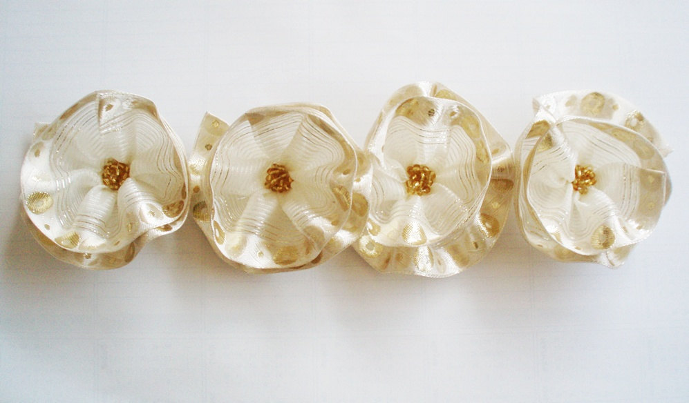 White-ivory-golden Flowers Handmade Appliques Embellishments(4 Pcs) on ...