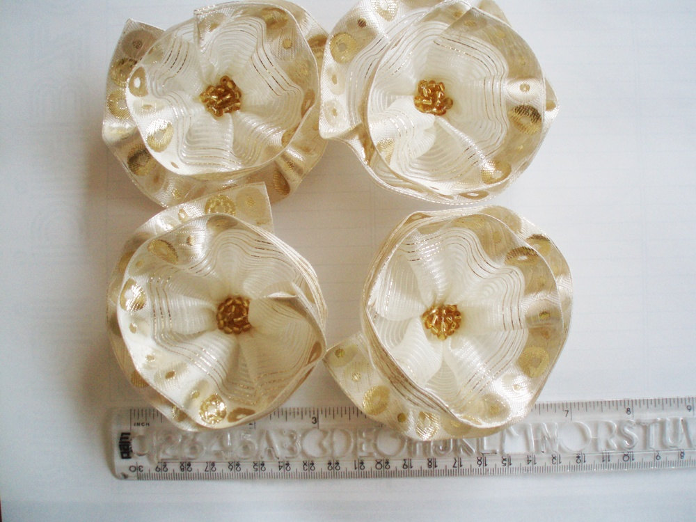 White-ivory-golden Flowers Handmade Appliques Embellishments(4 Pcs) on ...