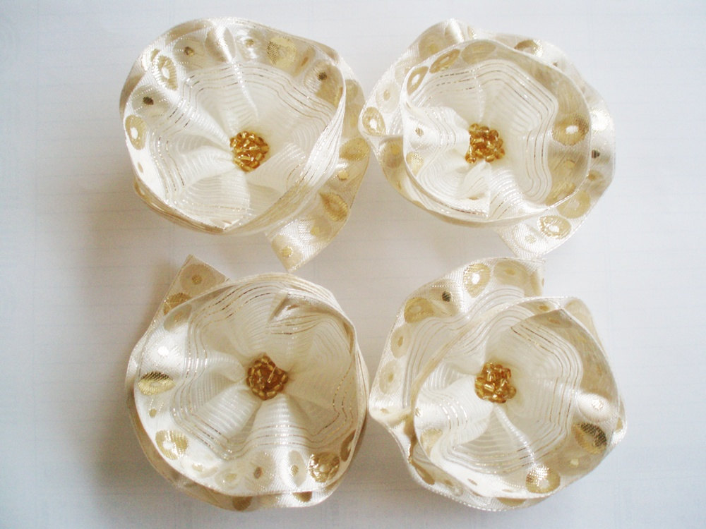 White-ivory-golden Flowers Handmade Appliques Embellishments(4 Pcs) on ...